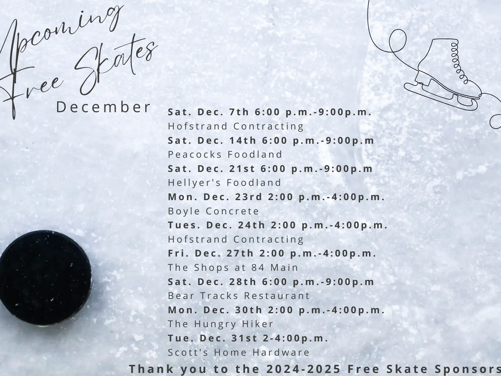 Public Skating - December Schedule | Municipality of Northern Bruce ...
