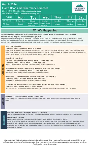 Bruce County Libraries -March Events | Municipality of Northern Bruce ...