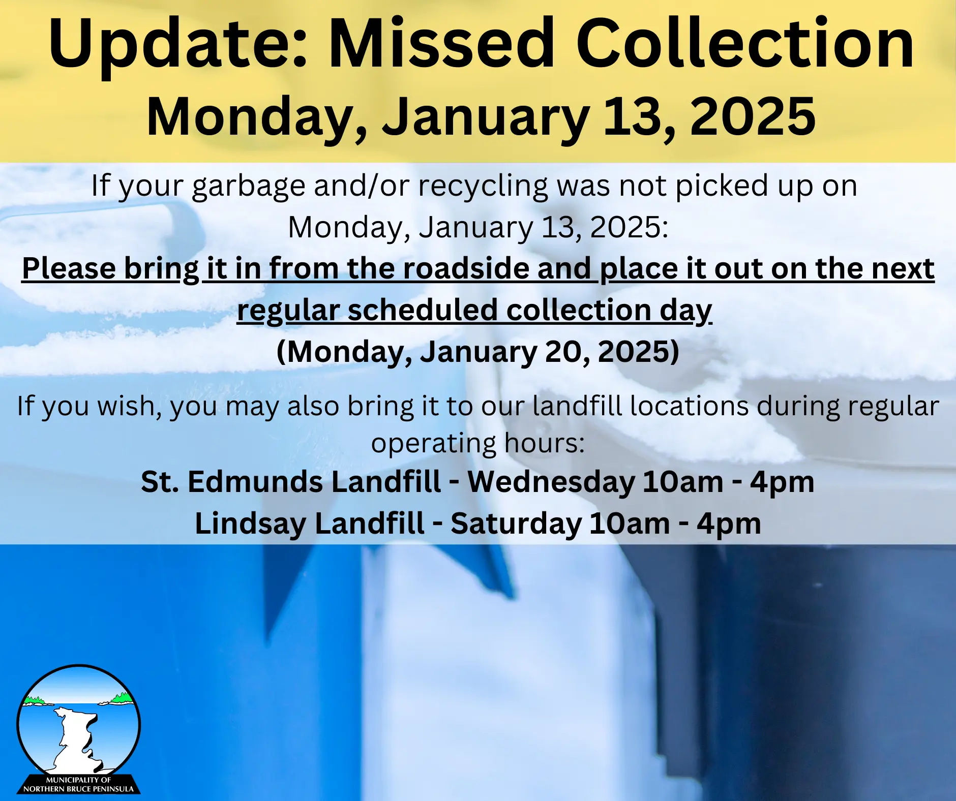Update: Missed Waste Collection | Municipality of Northern Bruce Peninsula